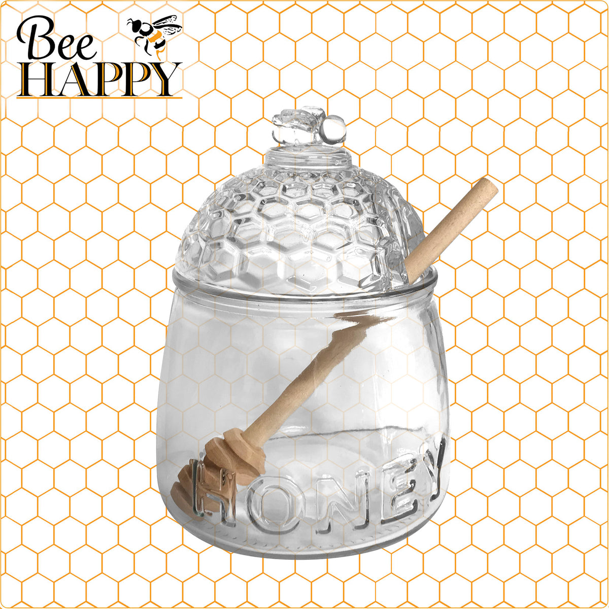 Glass Honey Pot, with Dipper – Bee Happy Beekeeping